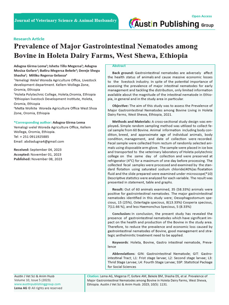 Prevalence of Major Gastrointestinal Nematodes Among | PDF | Cattle ...