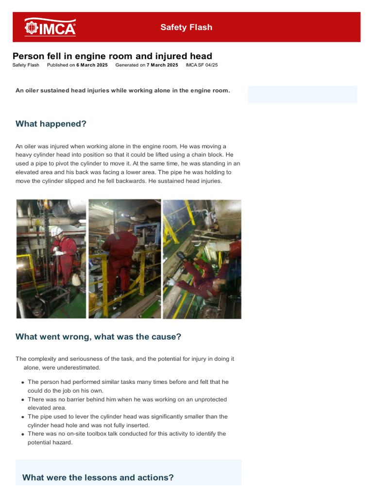 Person Fell in Engine Room and Injured Head | PDF | Occupational Safety ...
