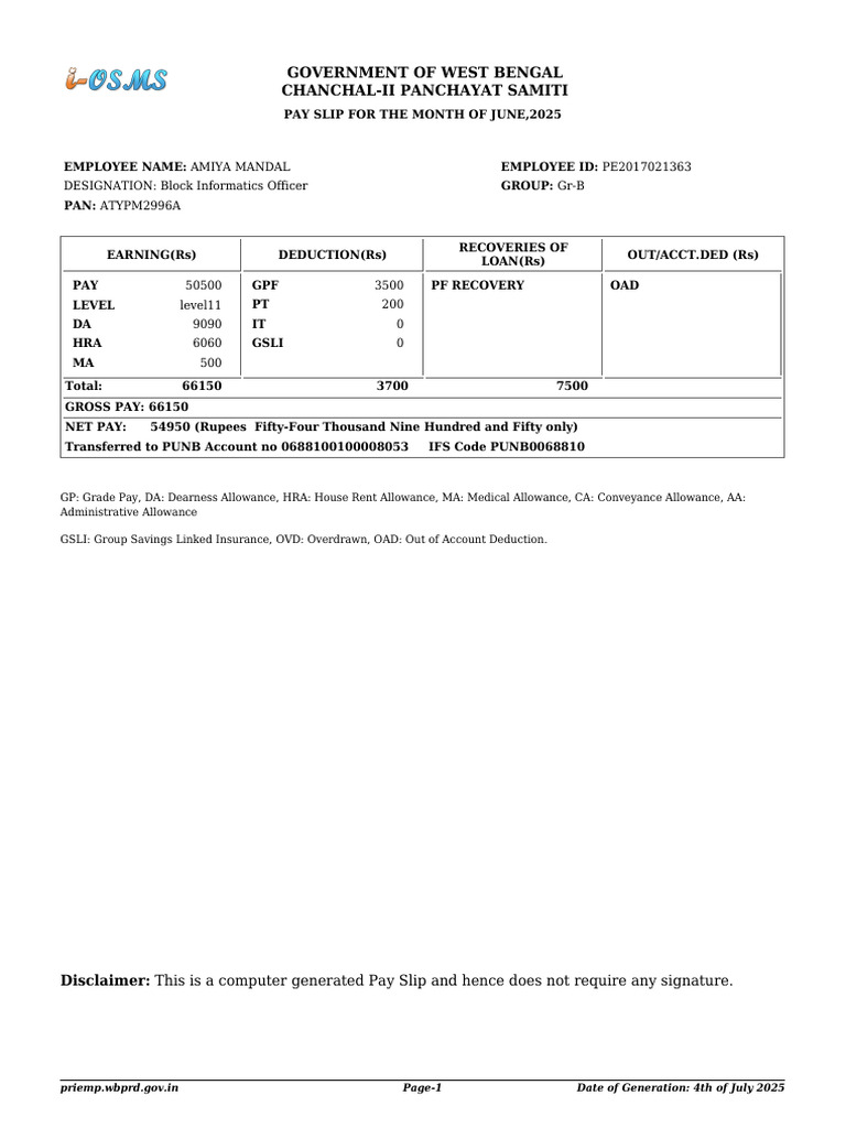 Payslip For Amiya Mandal - June 2025 | PDF