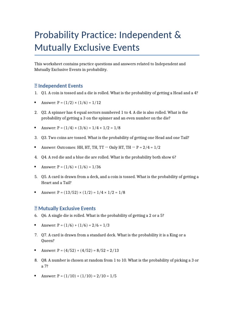 Independent and Mutually Exclusive Probability Questions With Answers | PDF