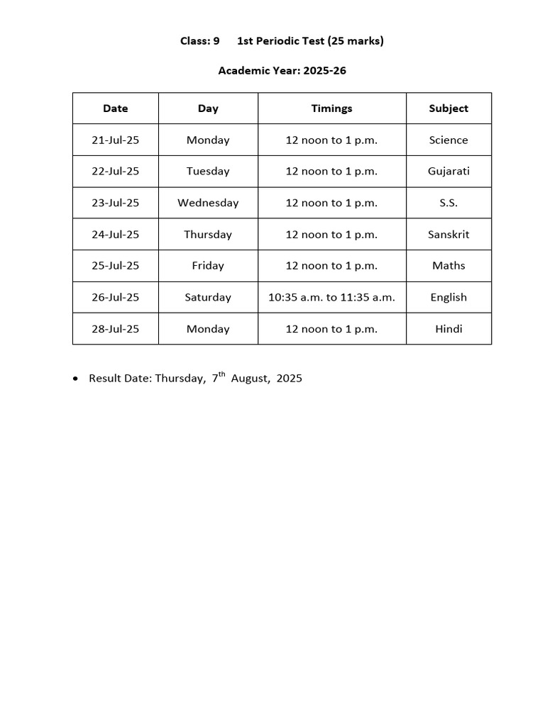 9th Grade 1st Periodic Test Schedule | PDF