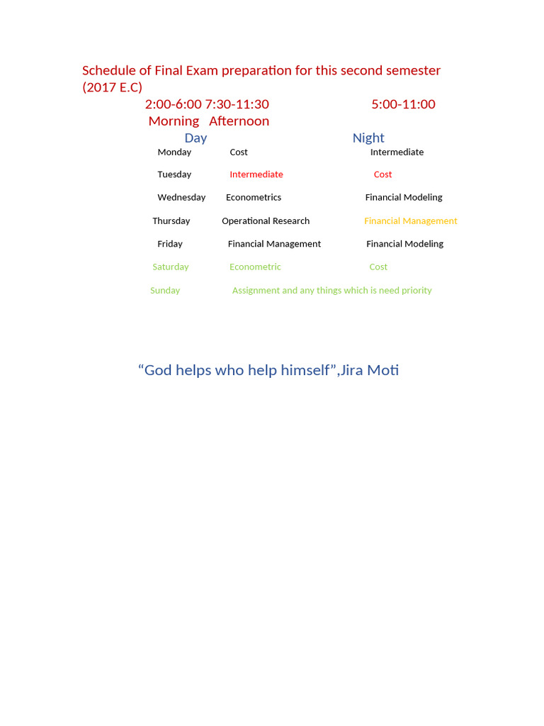 Final Exam Prep Schedule 2017 E.C. | PDF