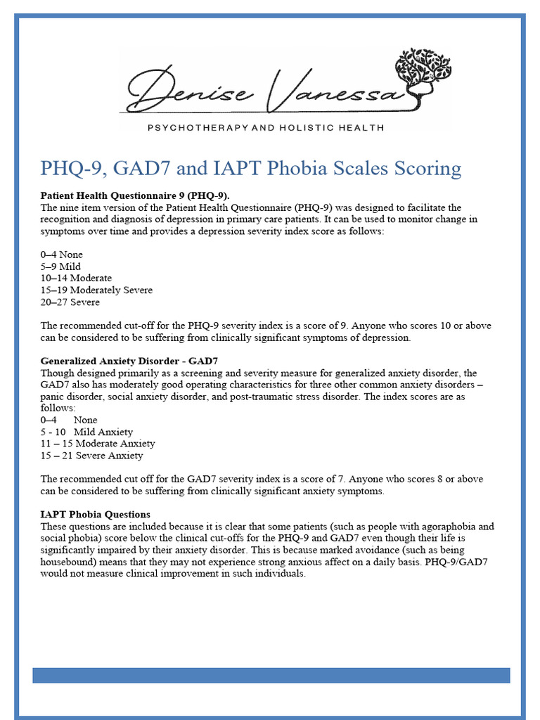 PHQ-9 - GAD7 and IAPT Phobia Scales Scoring | PDF | Anxiety Disorder ...