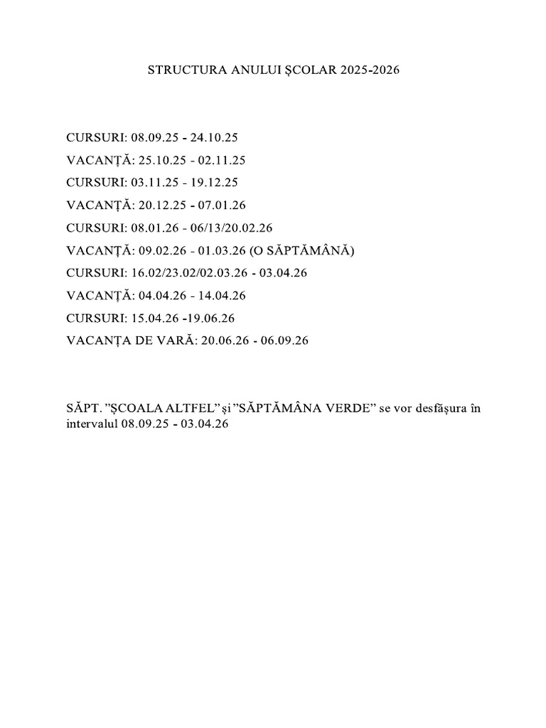 Structura Anului Scolar 2025-2026 | PDF
