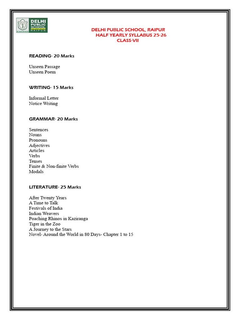 Class VII Half Yearly Syllabus 25-26 | PDF