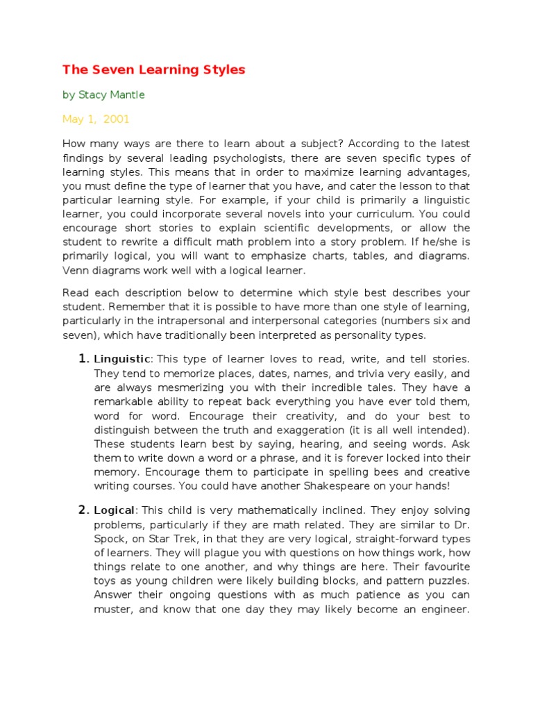 The Seven Learning Styles | PDF | Learning Styles | Socialization