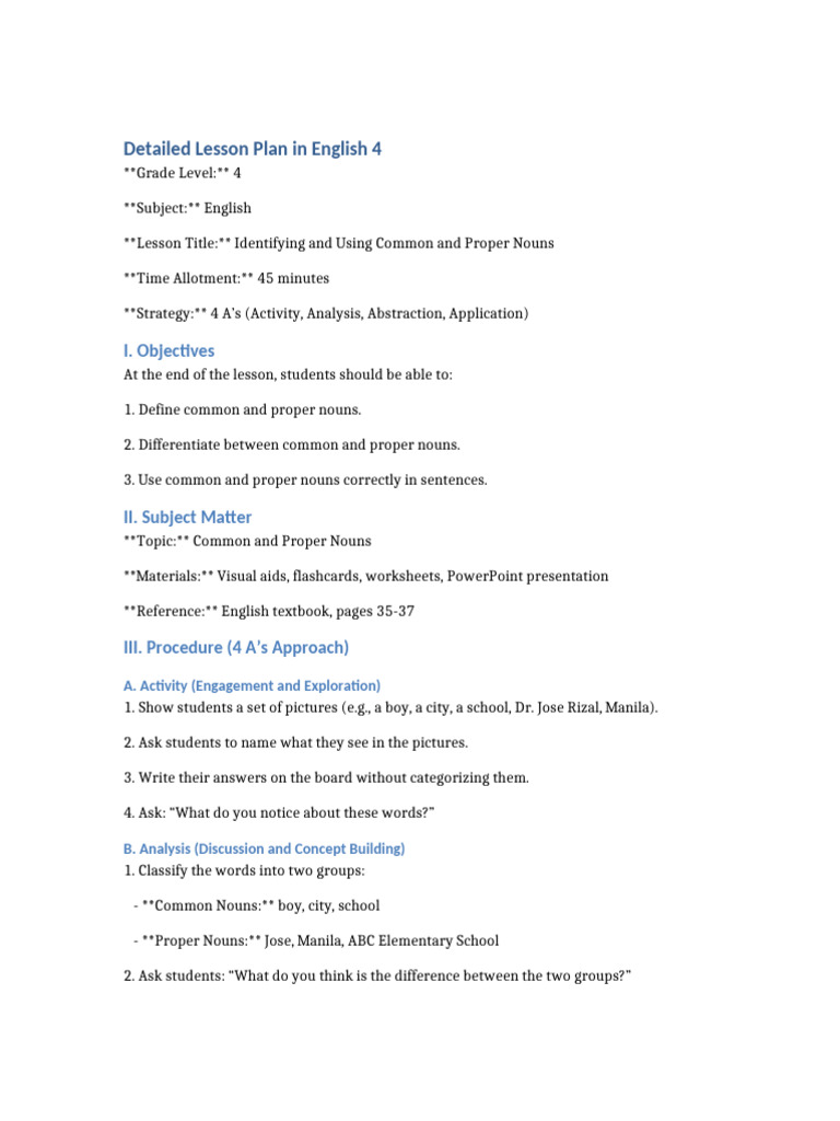 Detailed Lesson Plan English4 | PDF | Lesson Plan | Noun