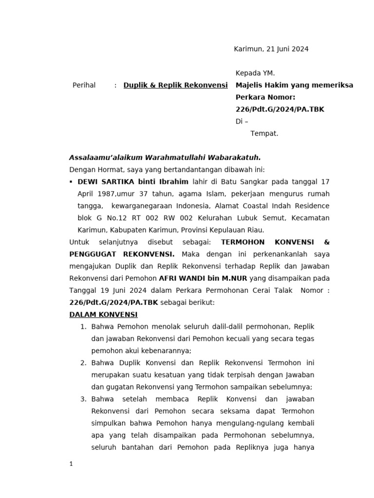 Duplik dan Replik Rekonvensi Cerai | PDF