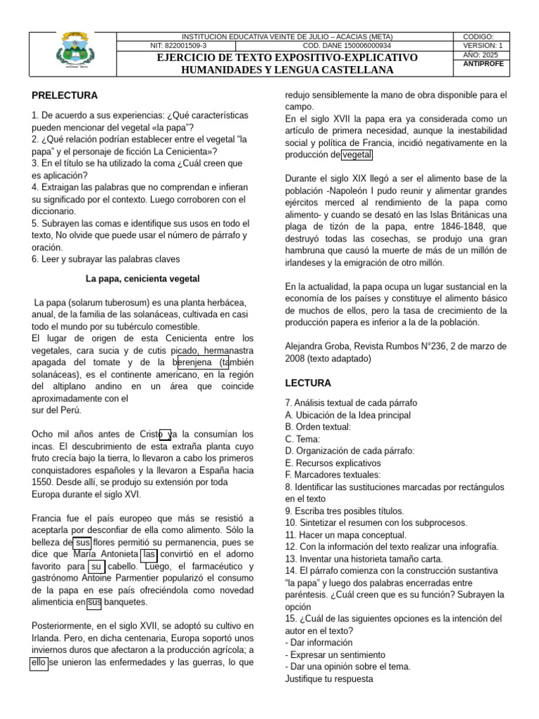 Ejercicio de Texto Expositivo-Explicativo Nº6 | PDF | Patata