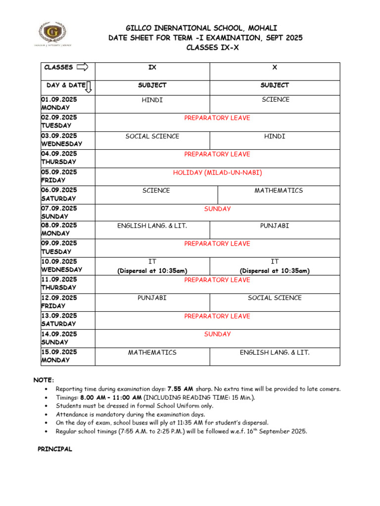 Classes IX & X - Datesheet Term-1 - 2025-26 | PDF