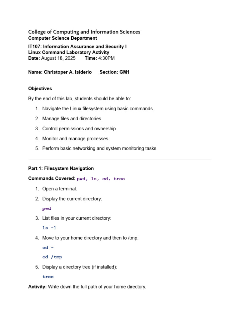 ISIDERIO Linux Command Laboratory Activity 2 | PDF | Text File | Directory (Computing)