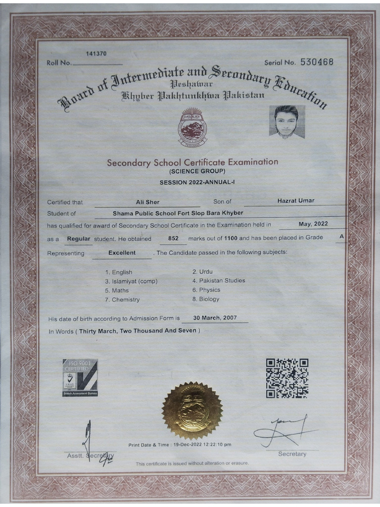 Matric Certificate | PDF
