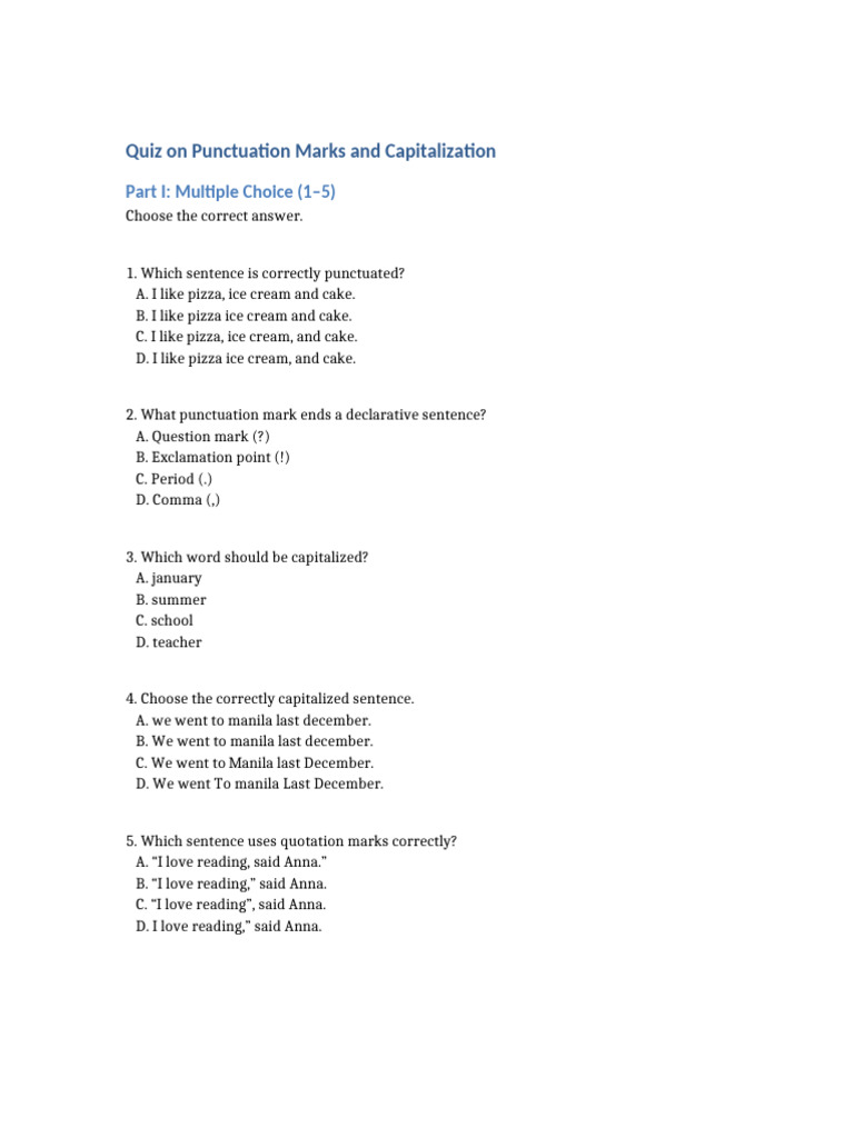 Quiz On Punctuation and Capitalization | PDF