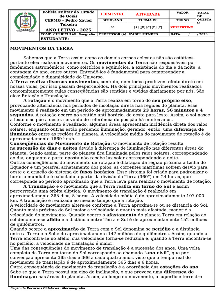 Texto Sobre Os Movimentos Da Terra | PDF | Terra | Sol
