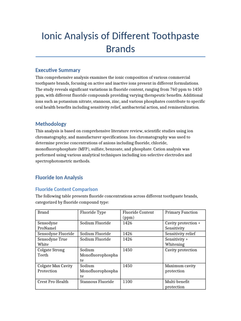 Ionic Composition of Toothpaste Brands | PDF | Fluoride | Sodium