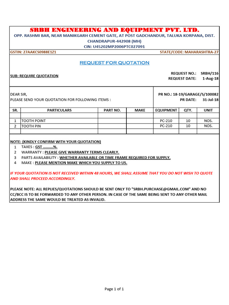 Request For Quotation Request-116 | PDF