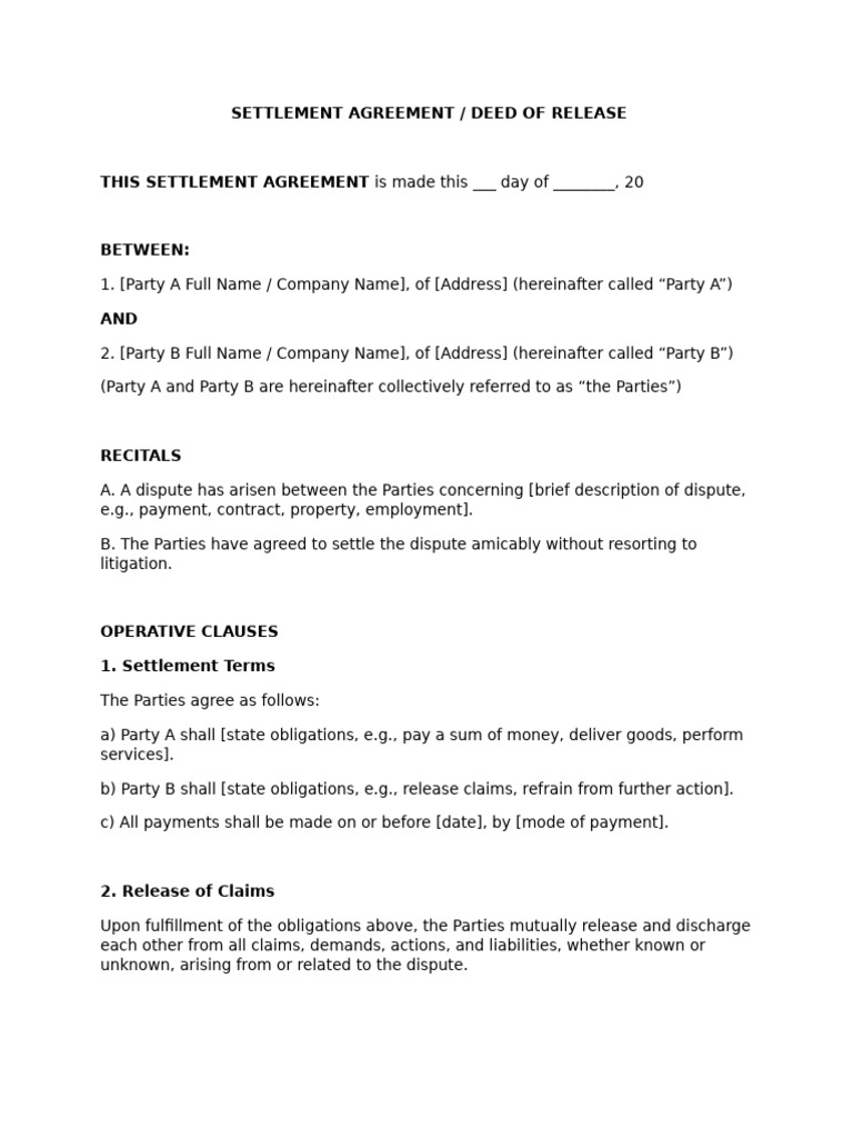 Settlement Agreement Template | PDF