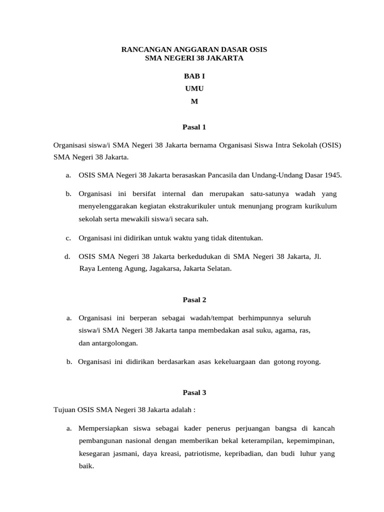 Rancangan AD/ART OSIS SMA 38 Jakarta | PDF