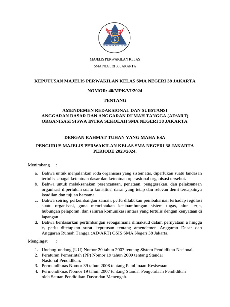 Amandemen AD/ART OSIS SMA 38 Jakarta | PDF