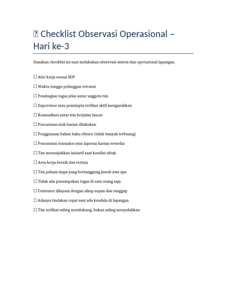 Checklist Observasi Operasional Hari 3 | PDF