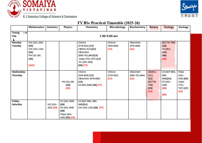FY BSC Practical Timetable (2025-26) - 250705 - 141207 | PDF