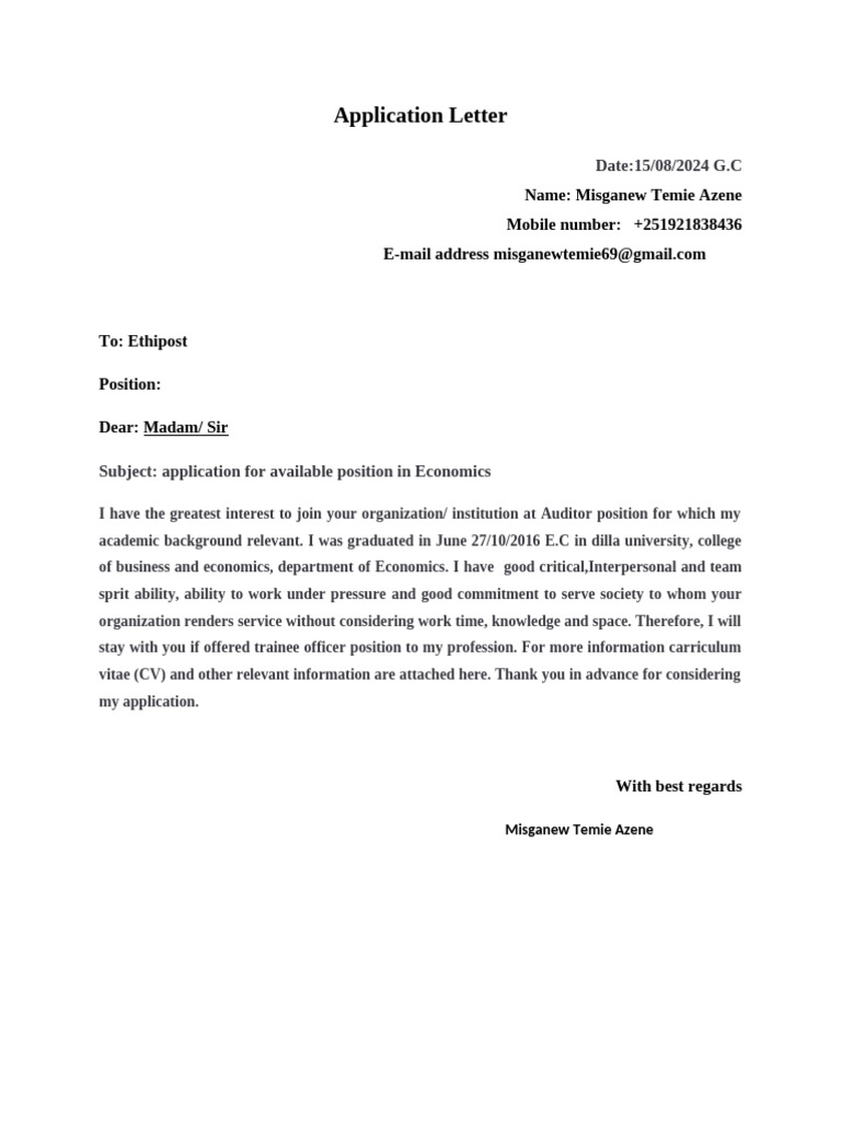 Application Letter: Date:15/08/2024 G.C | PDF | Learning