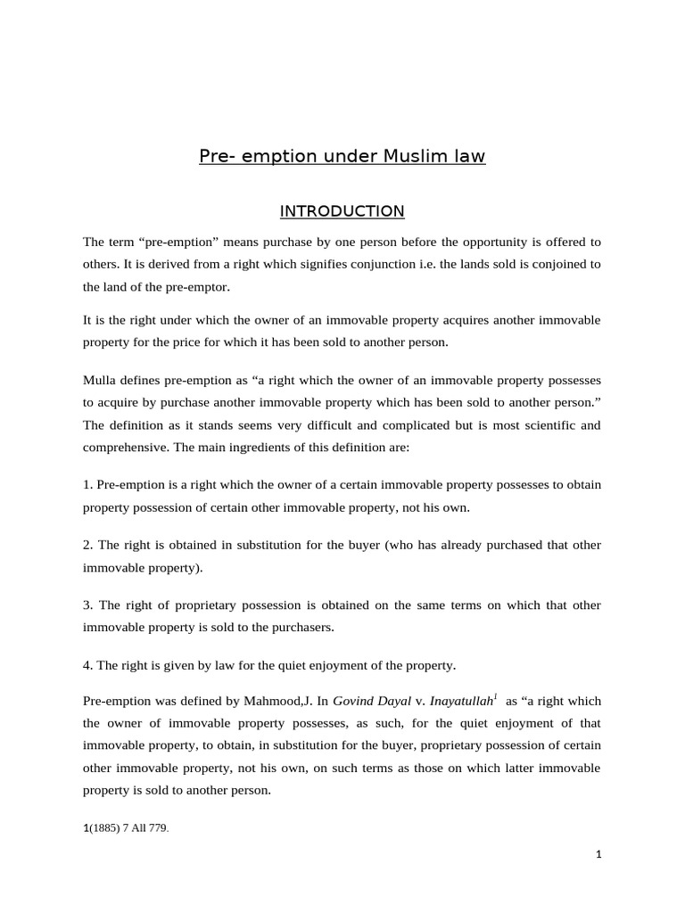 Pre Emption Under Muslim Law | PDF | Property | Real Property