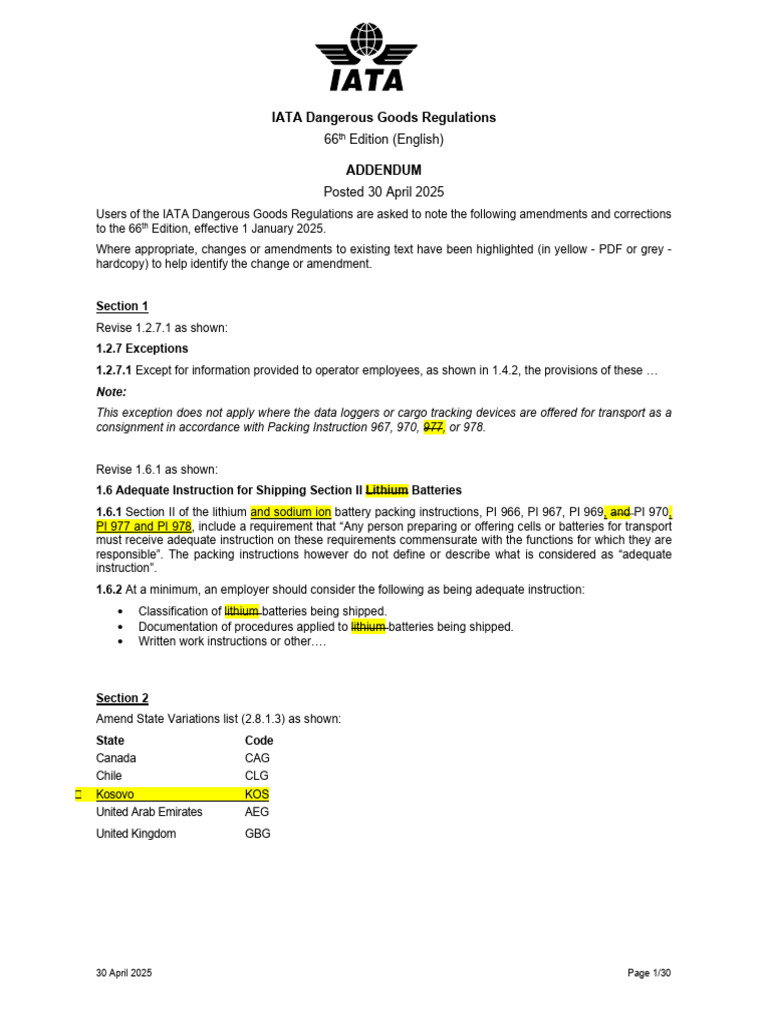 IATA DGR 66th Edition Addendum 2025 | PDF | Dangerous Goods