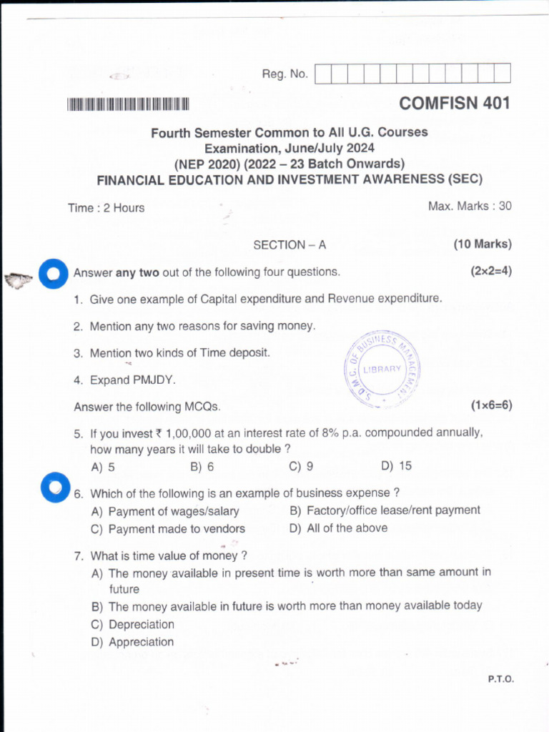 BCOM IV Semester Financial Education and Investment Management July 2024 | PDF