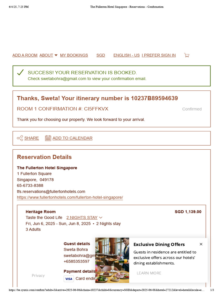 The Fullerton Hotel Singapore - Reservations - Confirmation | PDF | Fee | Services (Economics)