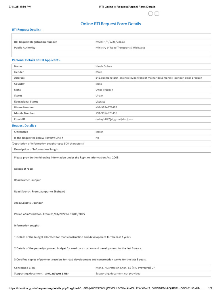 RTI Request for Road Development Info | PDF