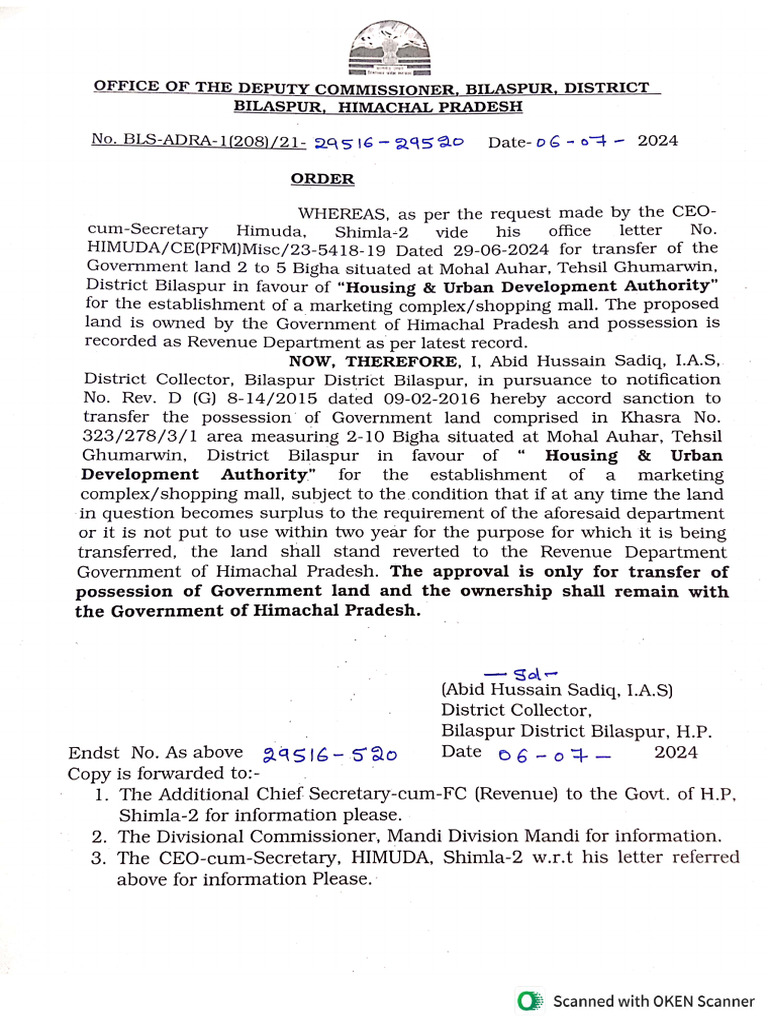 Himuda Land Transfer Order | PDF