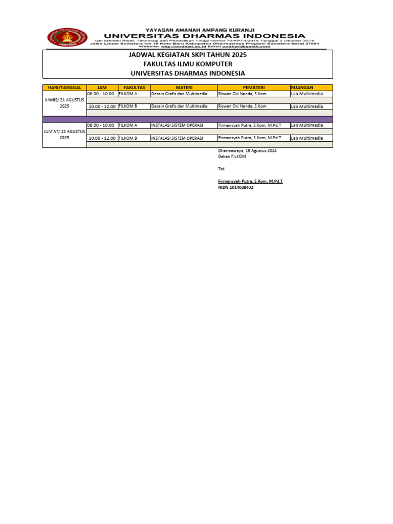Jadwal Kegiatan SKPI 2025 FILKOM | PDF