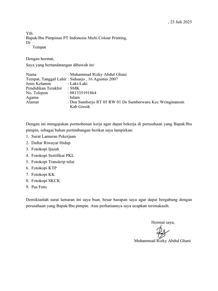 Lamaran Kerja Muhammad Rizky 2025 | PDF