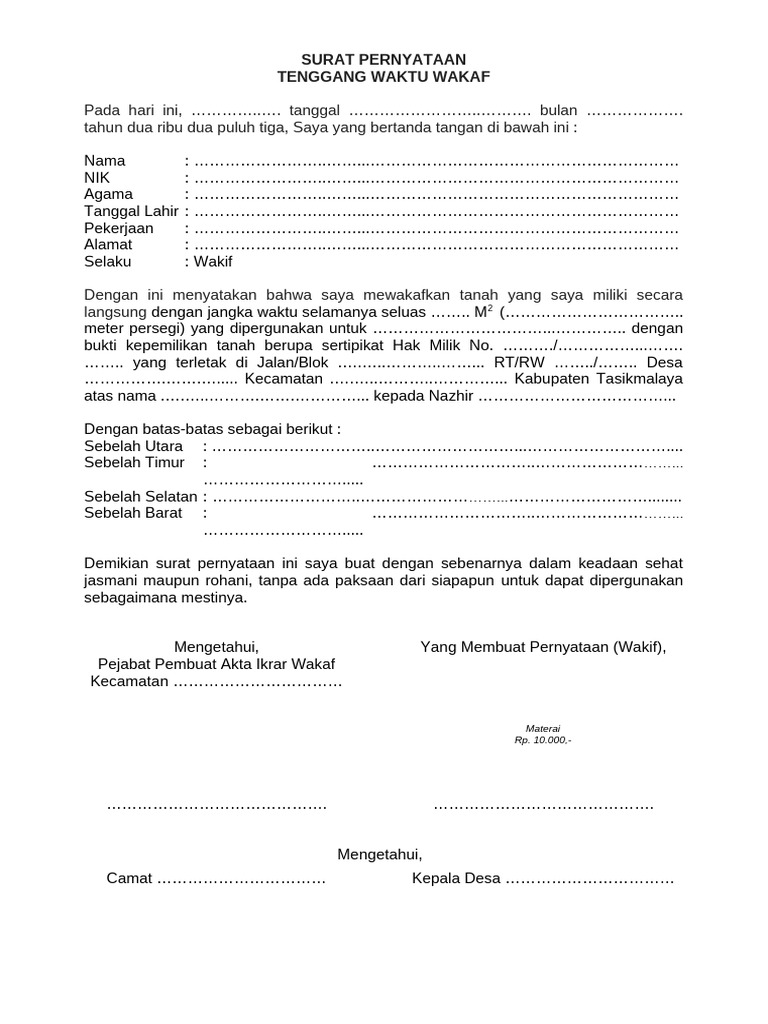 Surat Pernyataan Wakaf Tanah 2023 | PDF