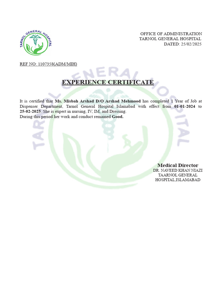 Misbah Experience Certificate - 065523 | PDF