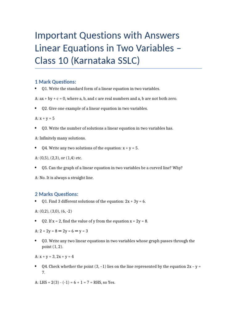 Linear Equations Important QA | PDF | Equations | Mathematics