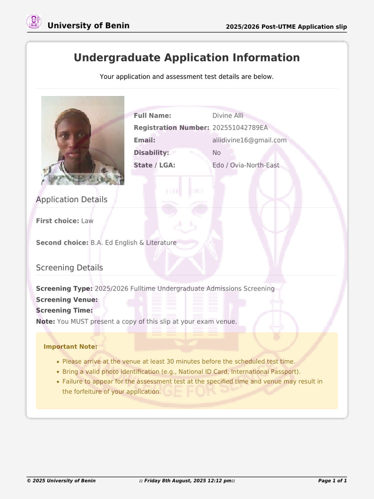 2025 - 2026 Post-UTME Application Slip | PDF