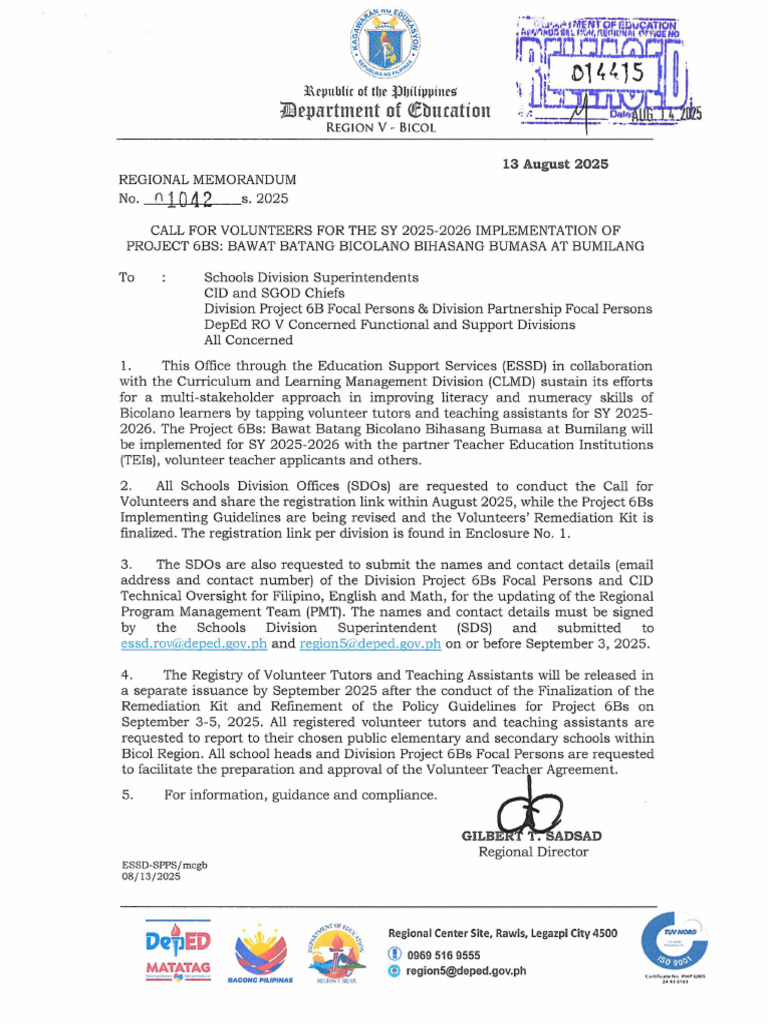 RM - 1042 S - 2025 Call For Volunteers For The SY 2025 2026 ...
