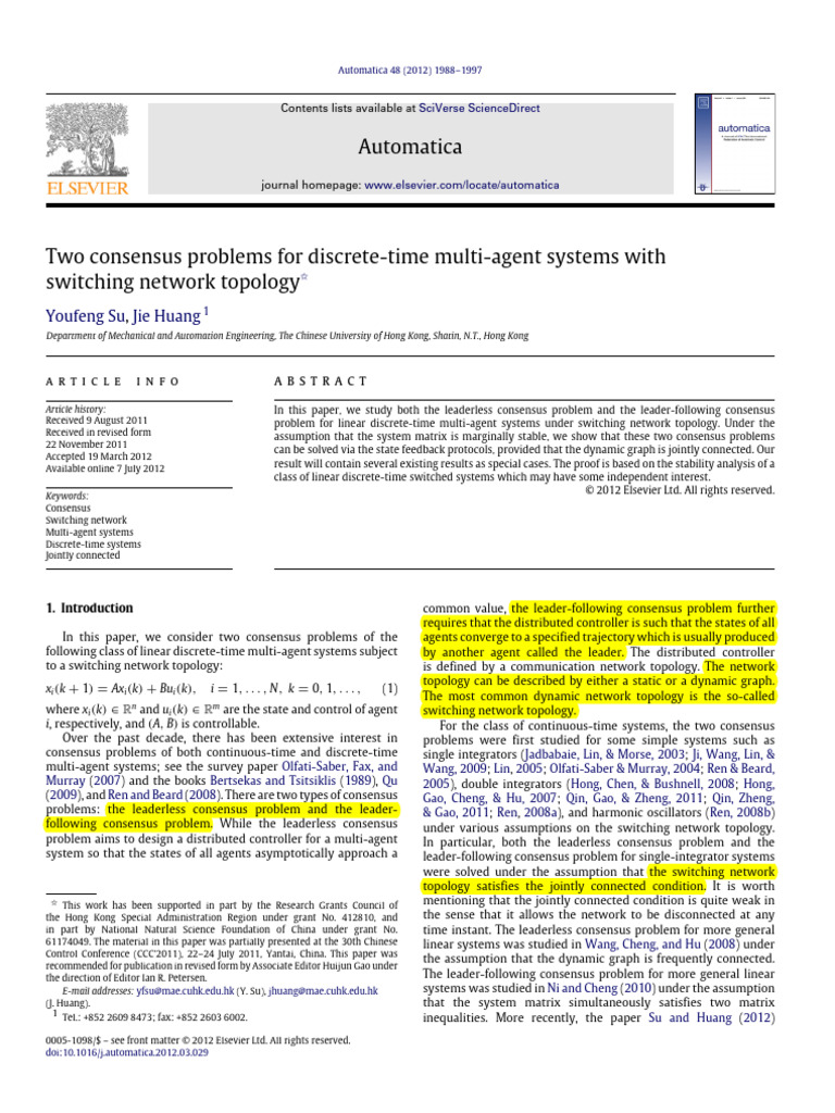Auto - 2012 - Two Consensus Problems For Discrete-Time Multi-Agent ...