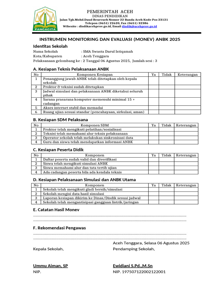Monev ANBK 2025 SMA Swasta Darul Istiqamah | PDF