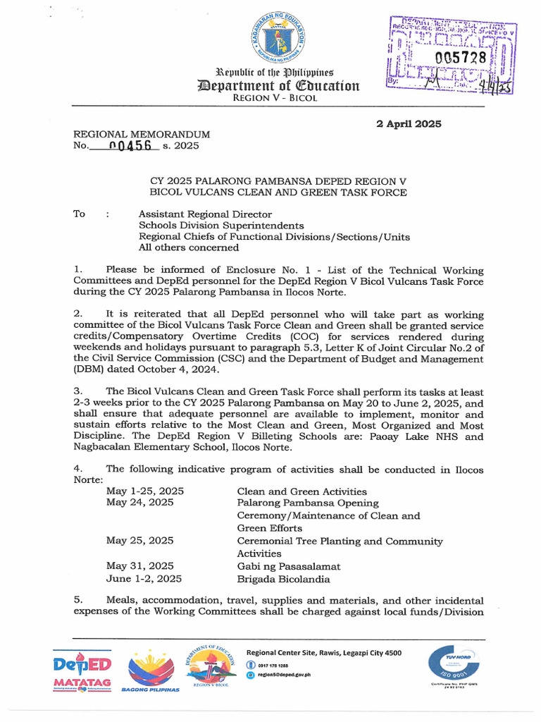 RM - 00456 S - 2025 - CY 2025 Palarong Pambansa DepEd Region V Bicol ...