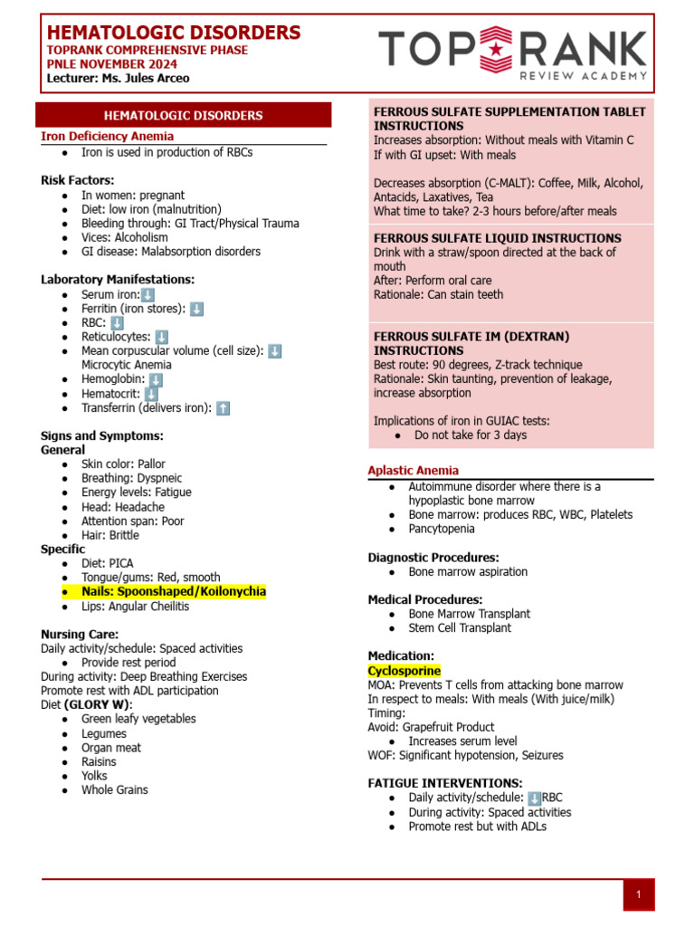 Hematologic Disorders Overview Guide | PDF | Anemia | Hematology