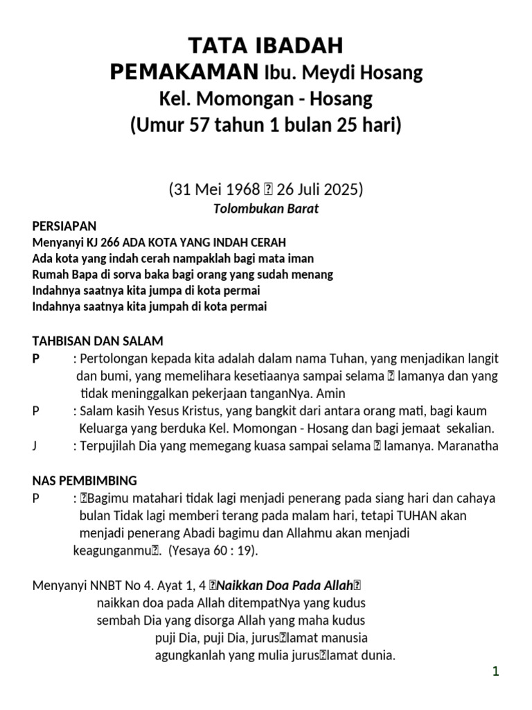 Tata Ibadah Pemakaman Ibu Meydi Hosang | PDF