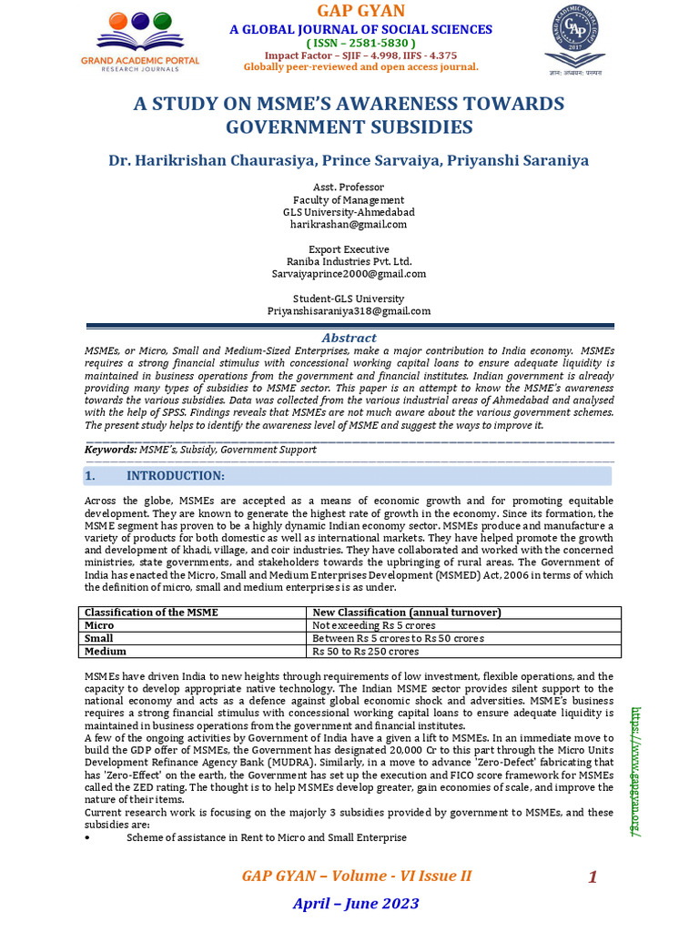 A Study On Msme'S Awareness Towards: Government Subsidies | PDF ...