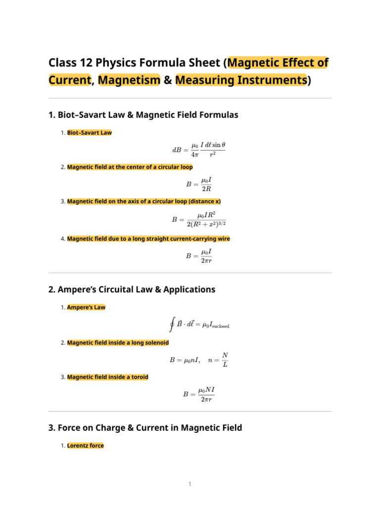 Class12 Physics Formulas | PDF | Magnetic Field | Quantity