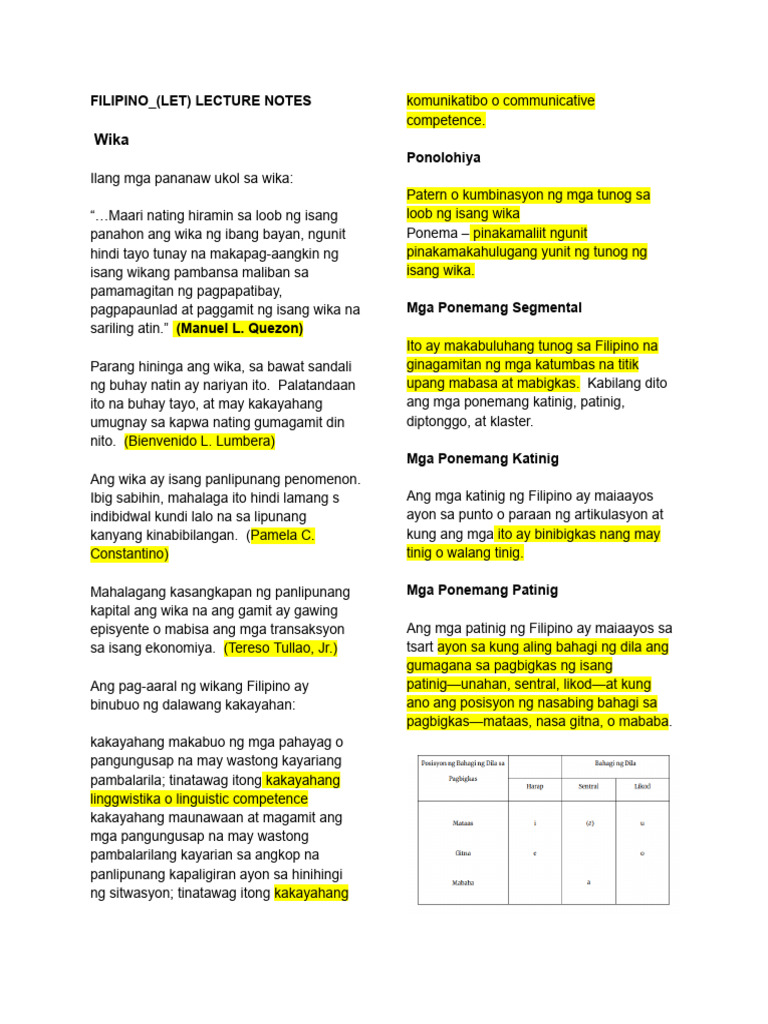 Filipino - Let Lecture Notes | PDF