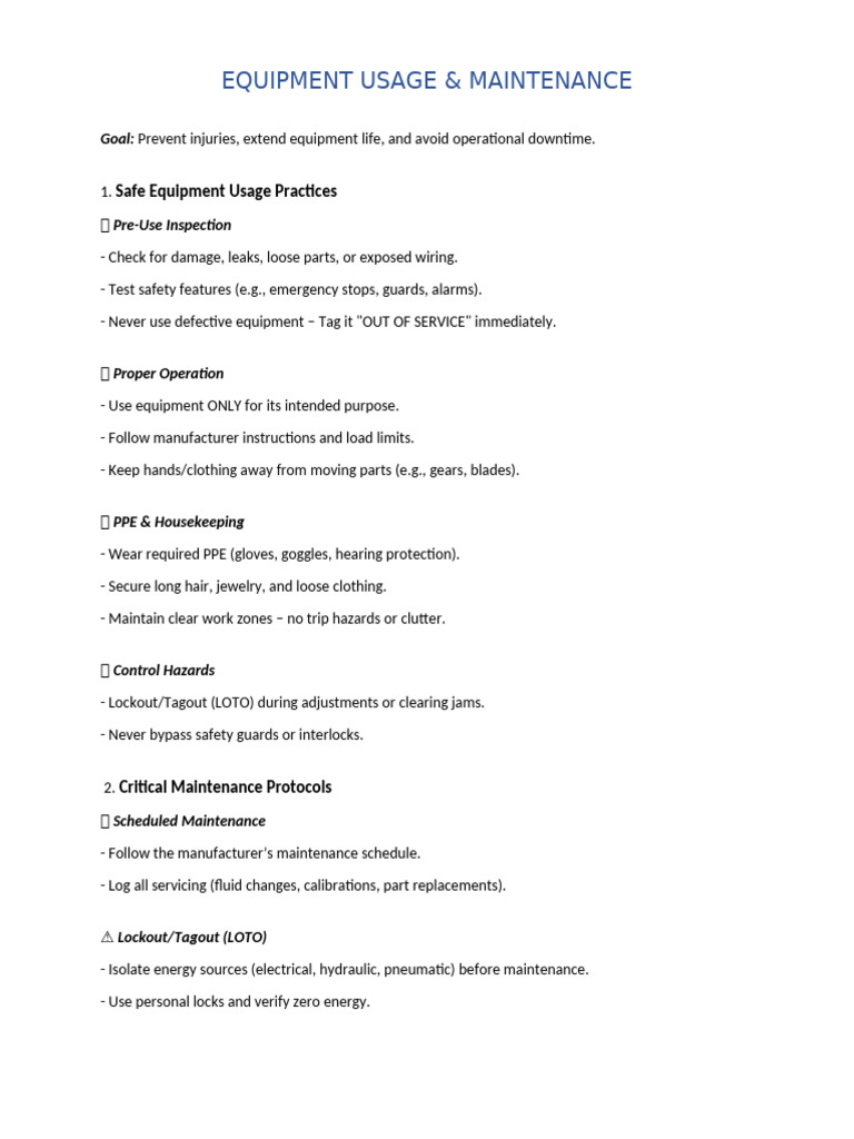 Equipment Usage & Maintenance | PDF