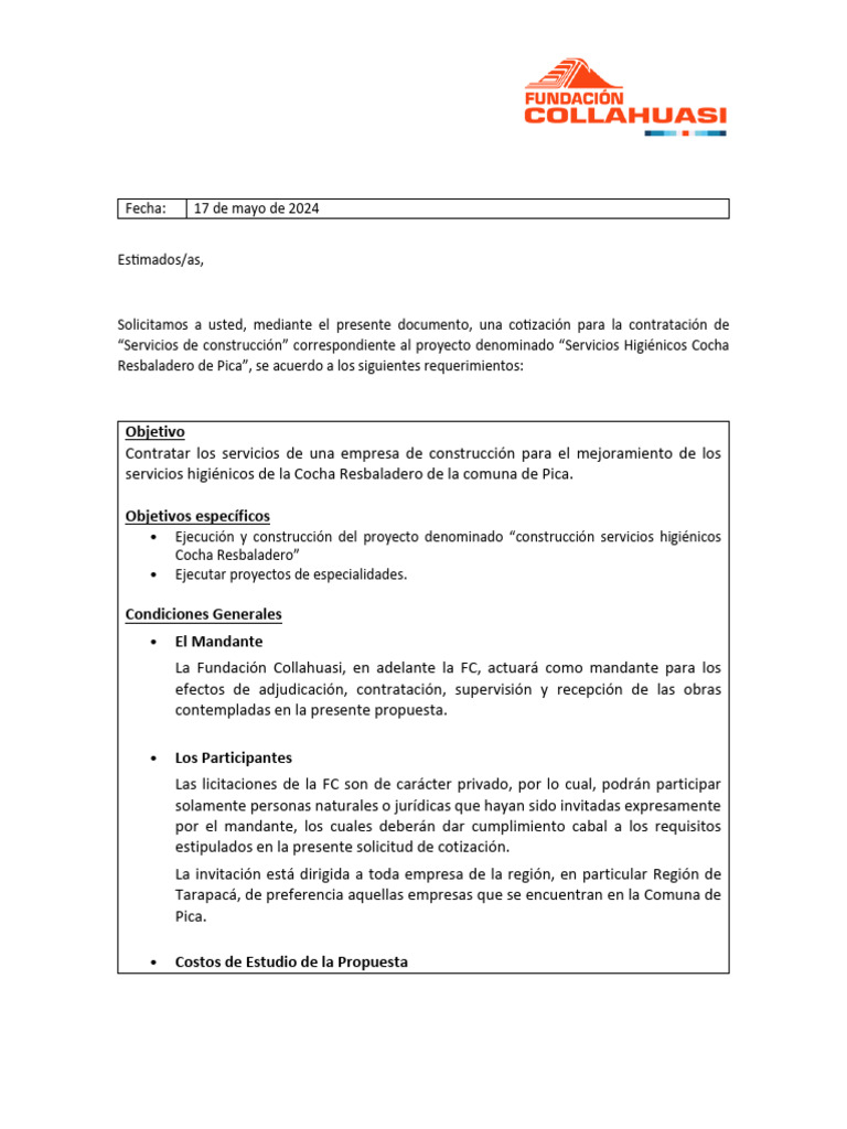 Ficha de solicitud de cotización_SSHH Cocha Resbaladero Pica | PDF ...