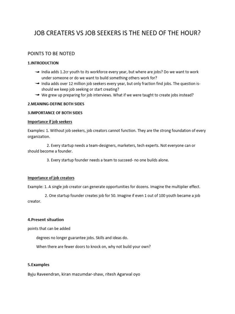 Job Creators vs Job Seekers: A Call to Action | PDF | Startup Company ...